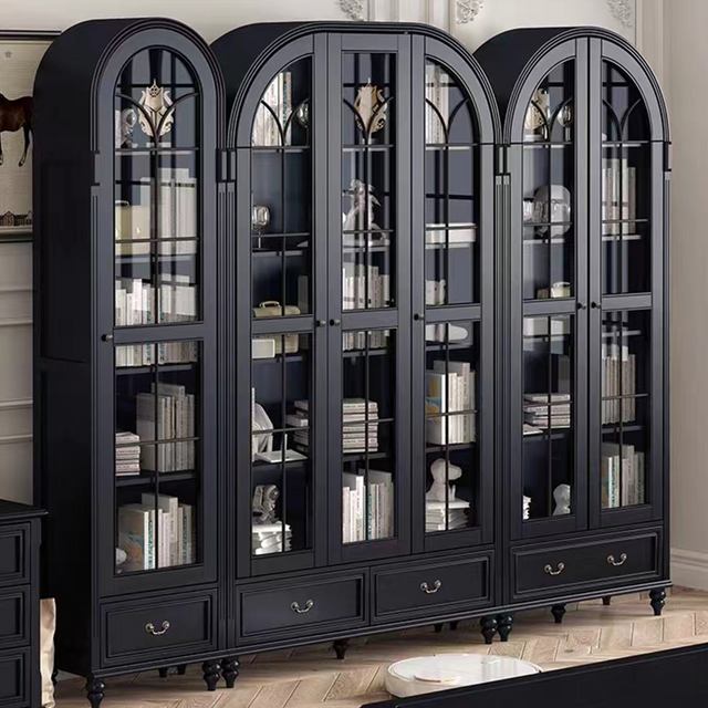 Vintage American Arched Wood Bookshelf with Glass Doors – CharmyDecor