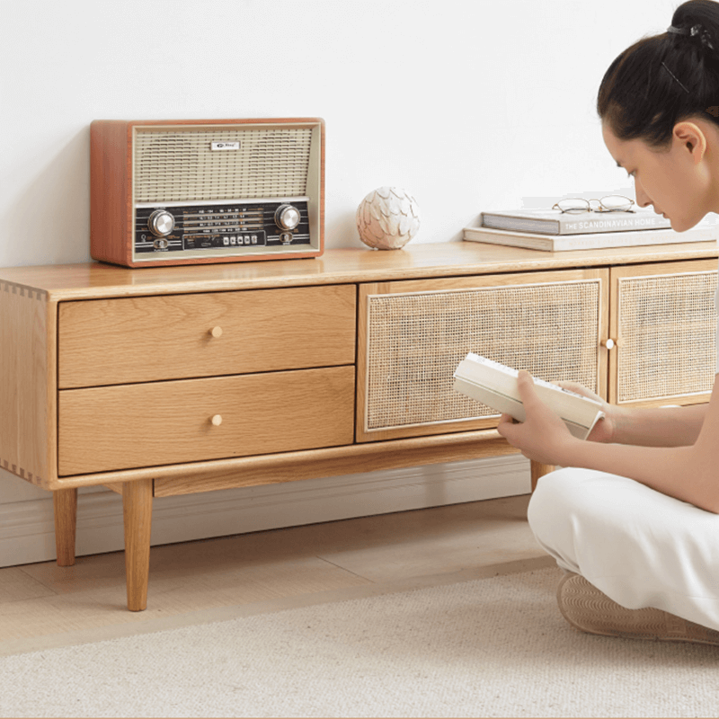Minimalist Solid Wood and Rattan TV Stand - CharmyDecor