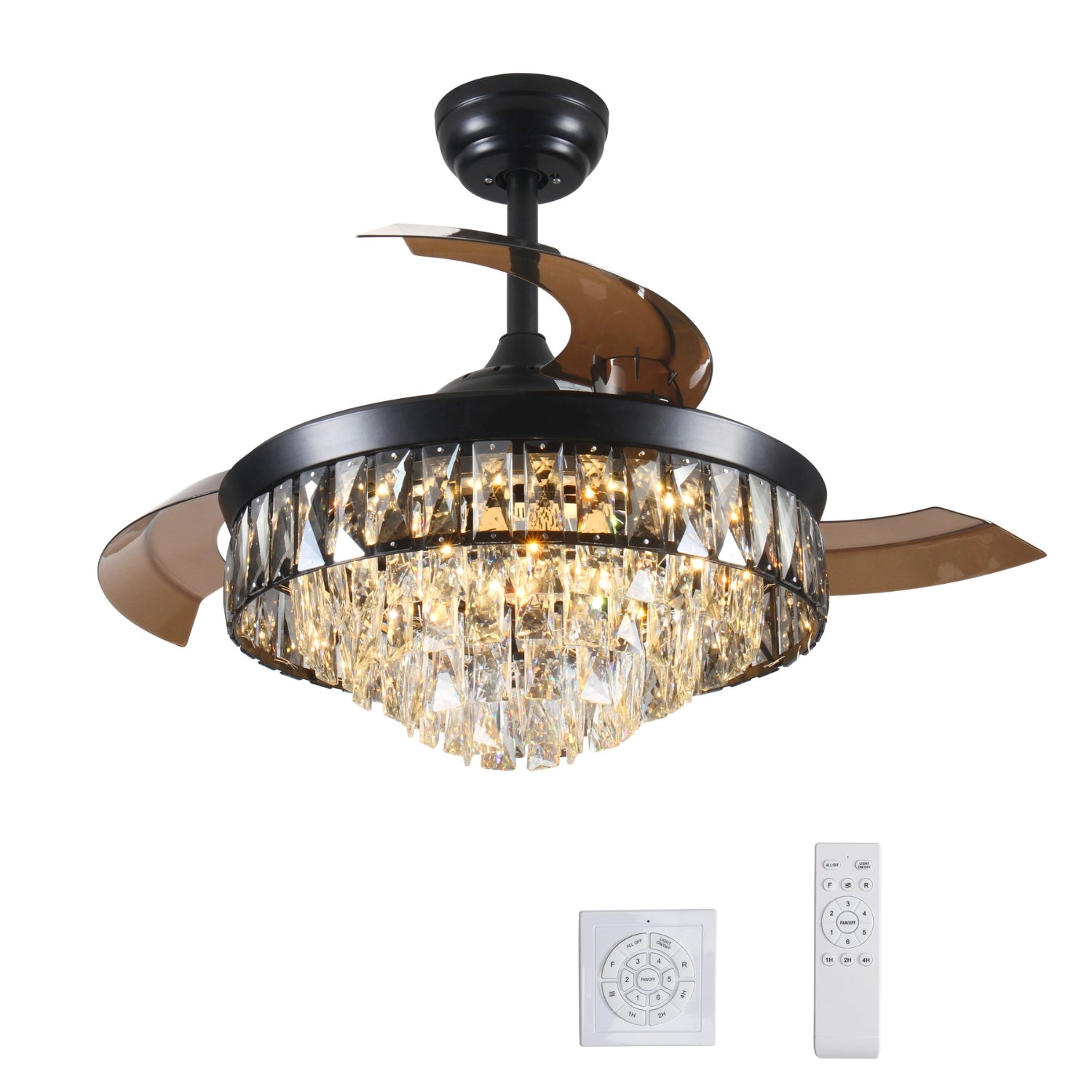 42" Retractable Crystal Chandelier Ceiling Fan with Remote, Black Mode ...