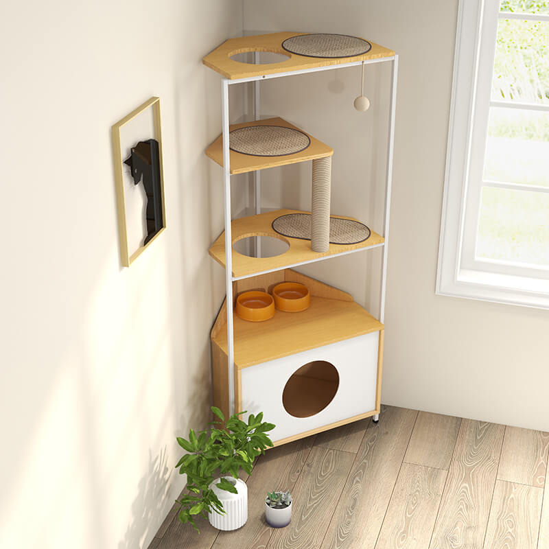 58” Wooden Corner Cat Tower with Feeding & Climbing Area – CharmyDecor