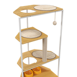 58" Wooden Corner Cat Tower with Feeding Station and Climbing Platform ...