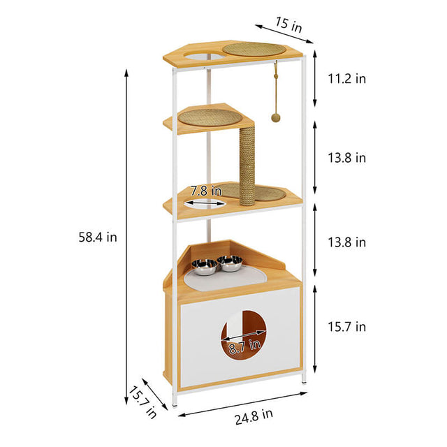 58” Wooden Corner Cat Tower with Feeding & Climbing Area – CharmyDecor