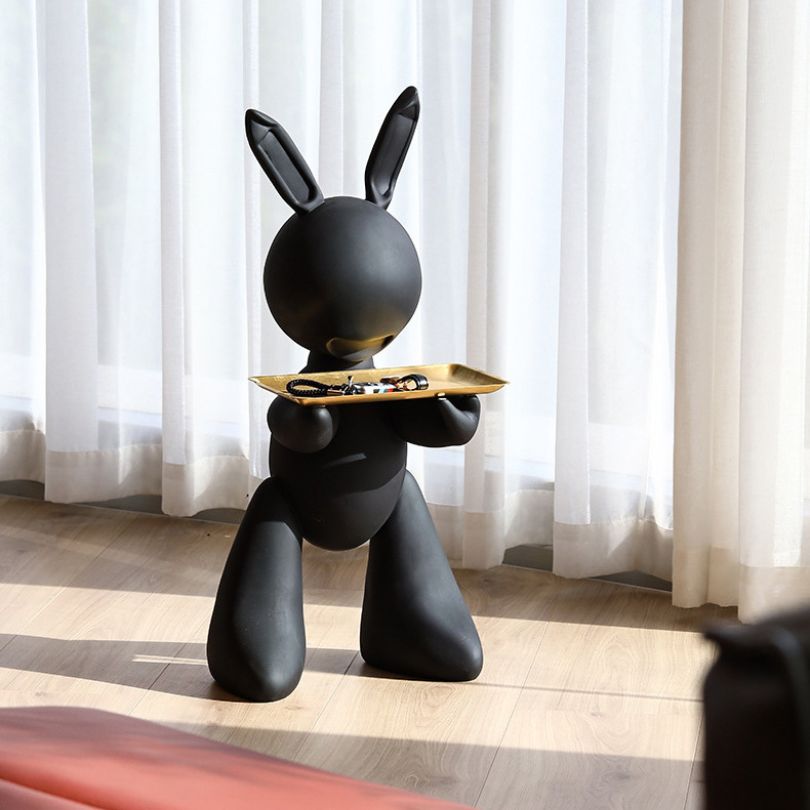 Modern Resin Rabbit Statue with Tray - Decorative Sculpture – CharmyDecor