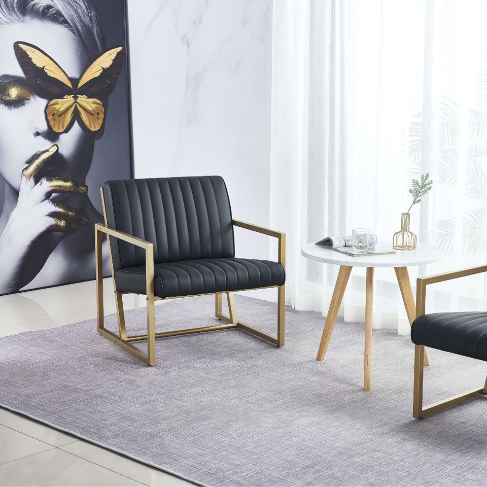 Gold Steel Frame Chair with Black Leather Upholstery – CharmyDecor