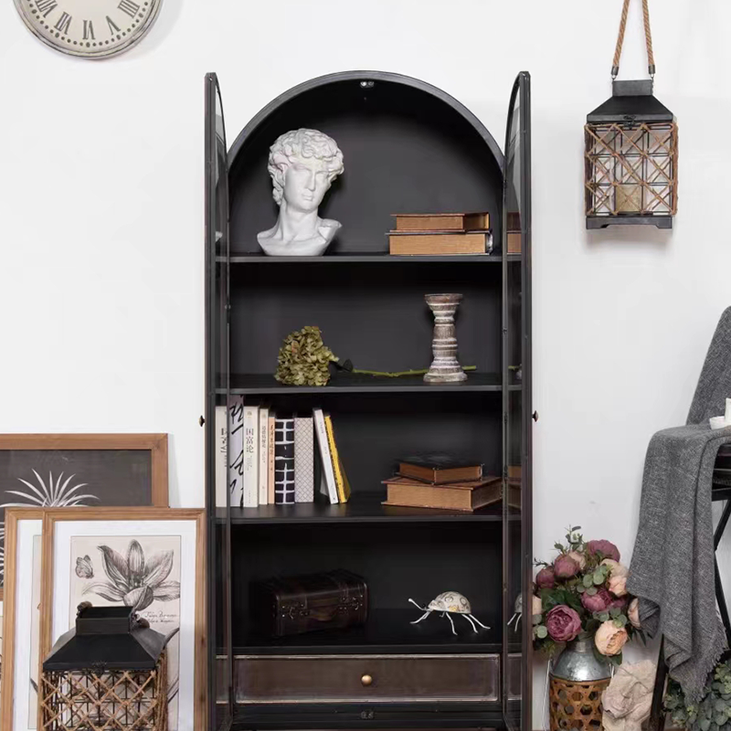 Black Retro Arched Bookcase with Glass Doors Design – CharmyDecor