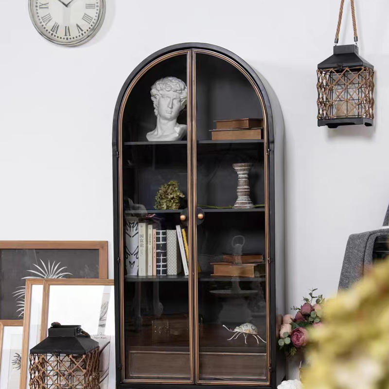 Black Retro Arched Bookcase with Glass Doors Design – CharmyDecor