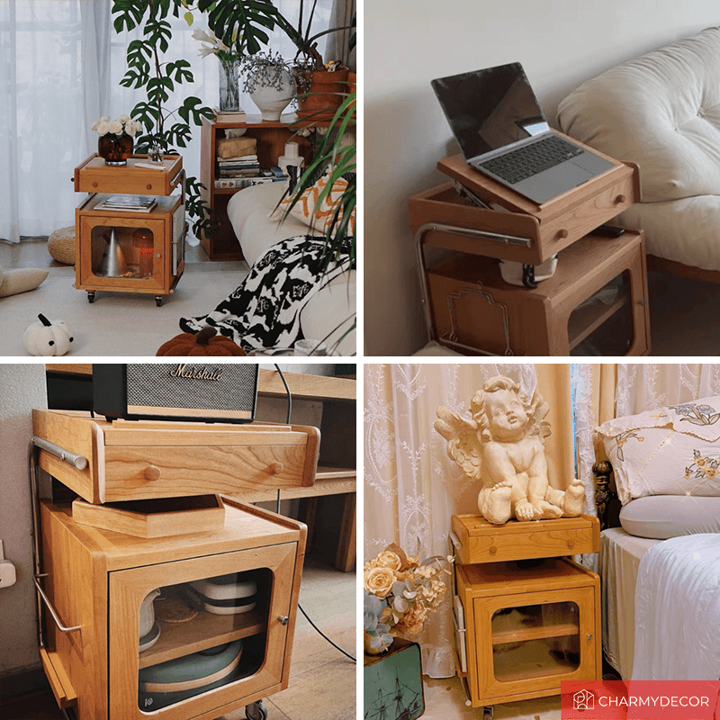 Robot-Shaped Wooden Sofa Side Table with Wheels & Rack – CharmyDecor