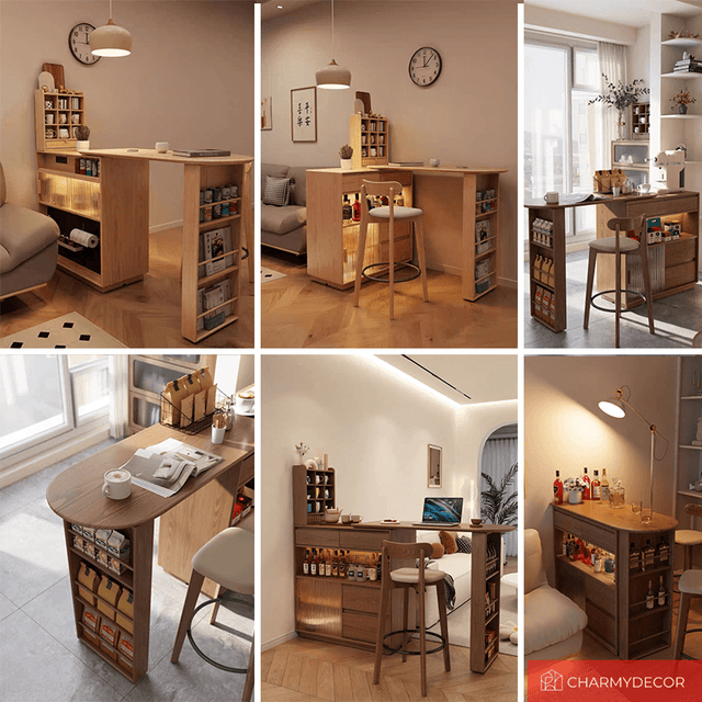 Retractable Wooden Bar Table with Storage & Drawers – CharmyDecor