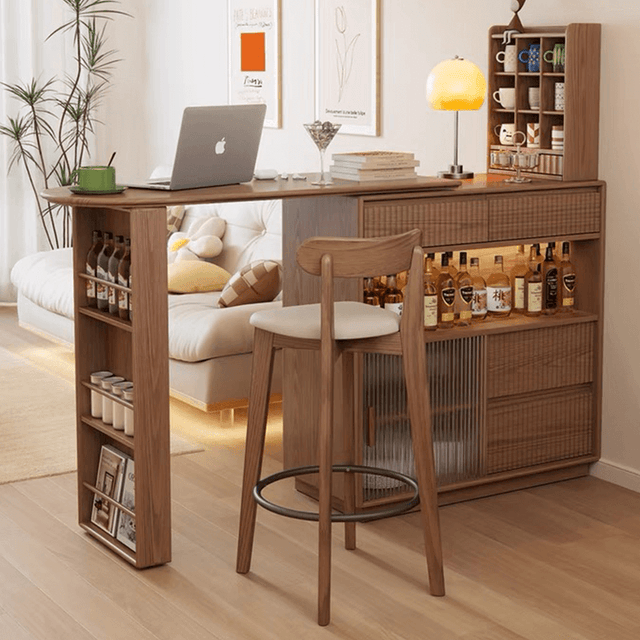 Wooden Retractable Bar Table with Storage Cabinet & Drawers – CharmyDecor