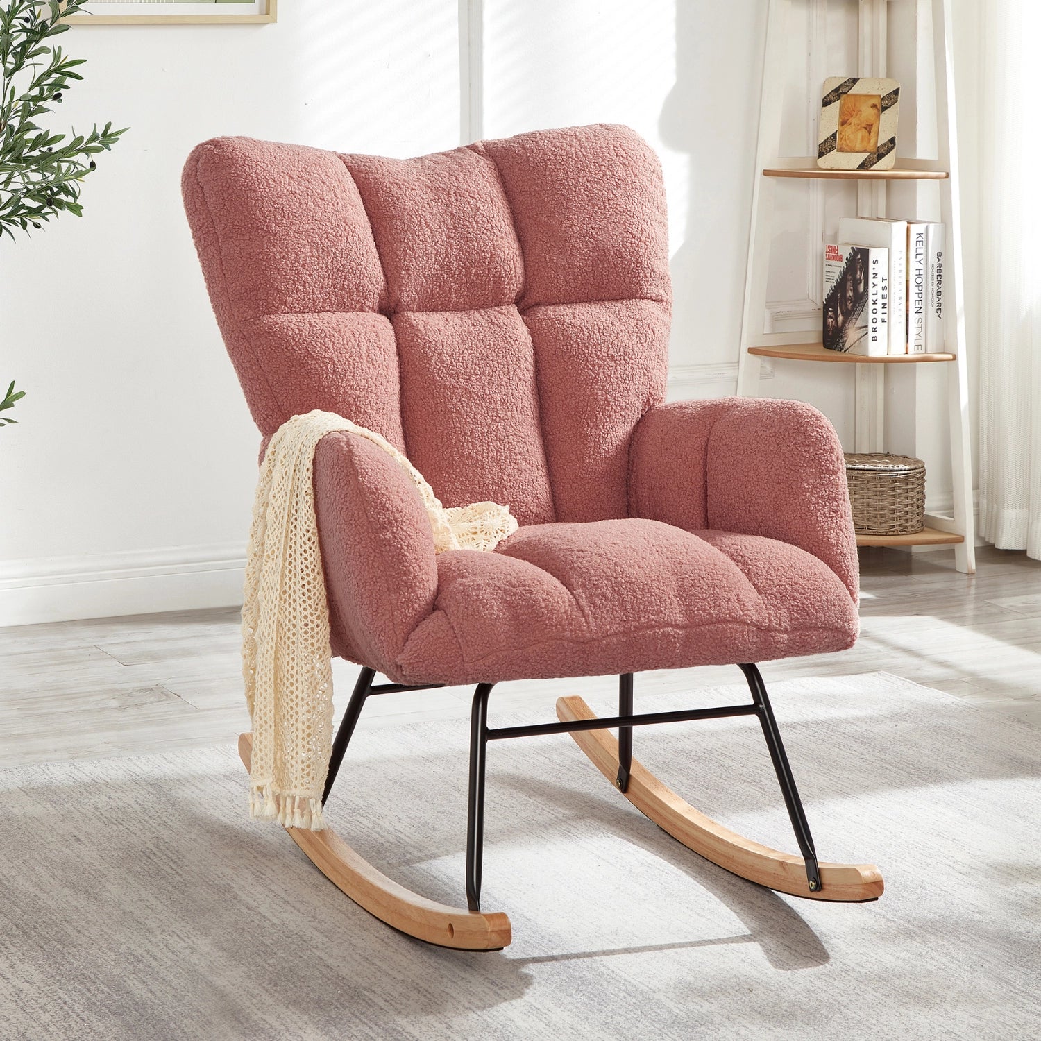 Pink Teddy Fabric Rocking Chair with High Back & Armrests, Upholstered ...