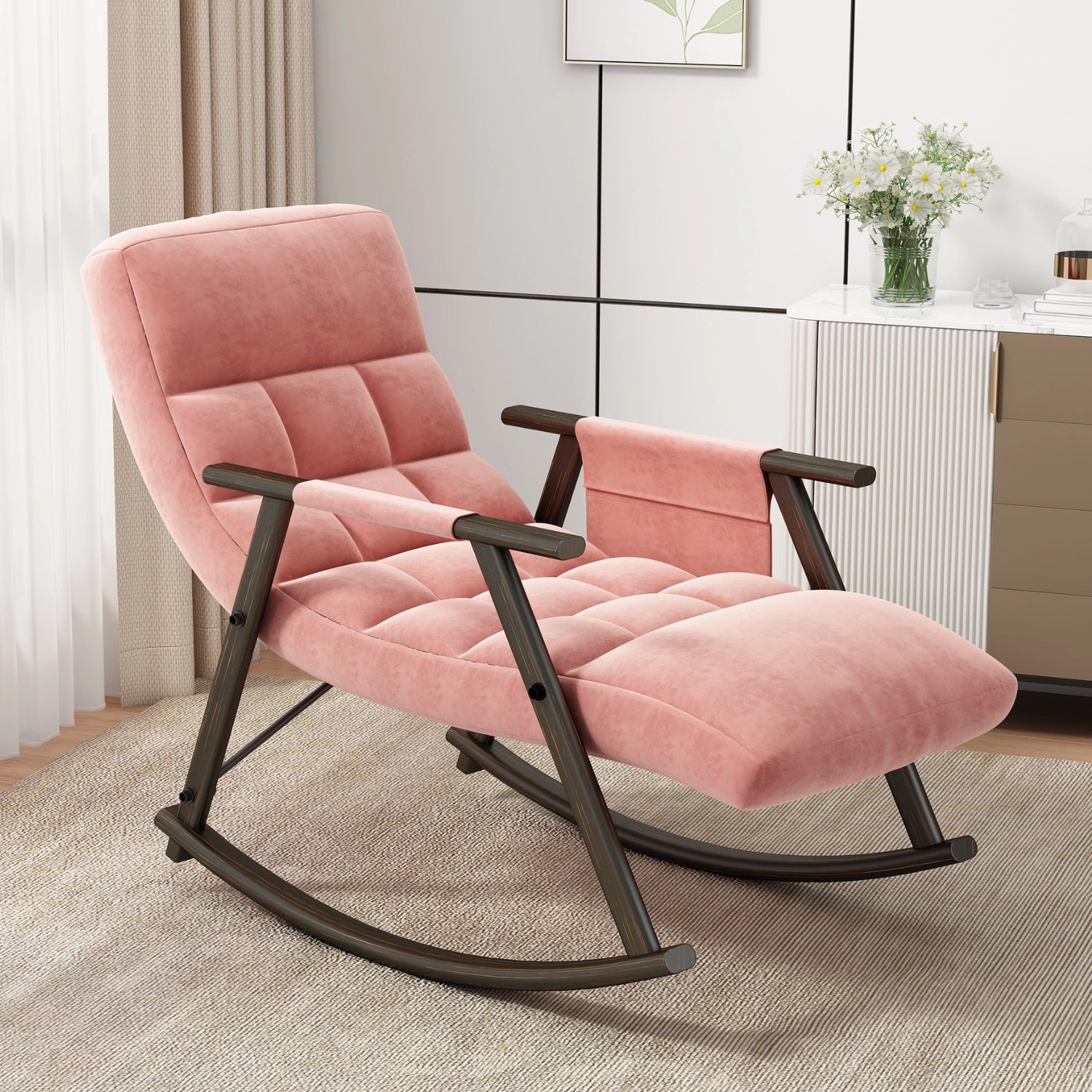Adjustable Pink Velvet Folding Rocking Chair with Footrest, Modern Rec ...