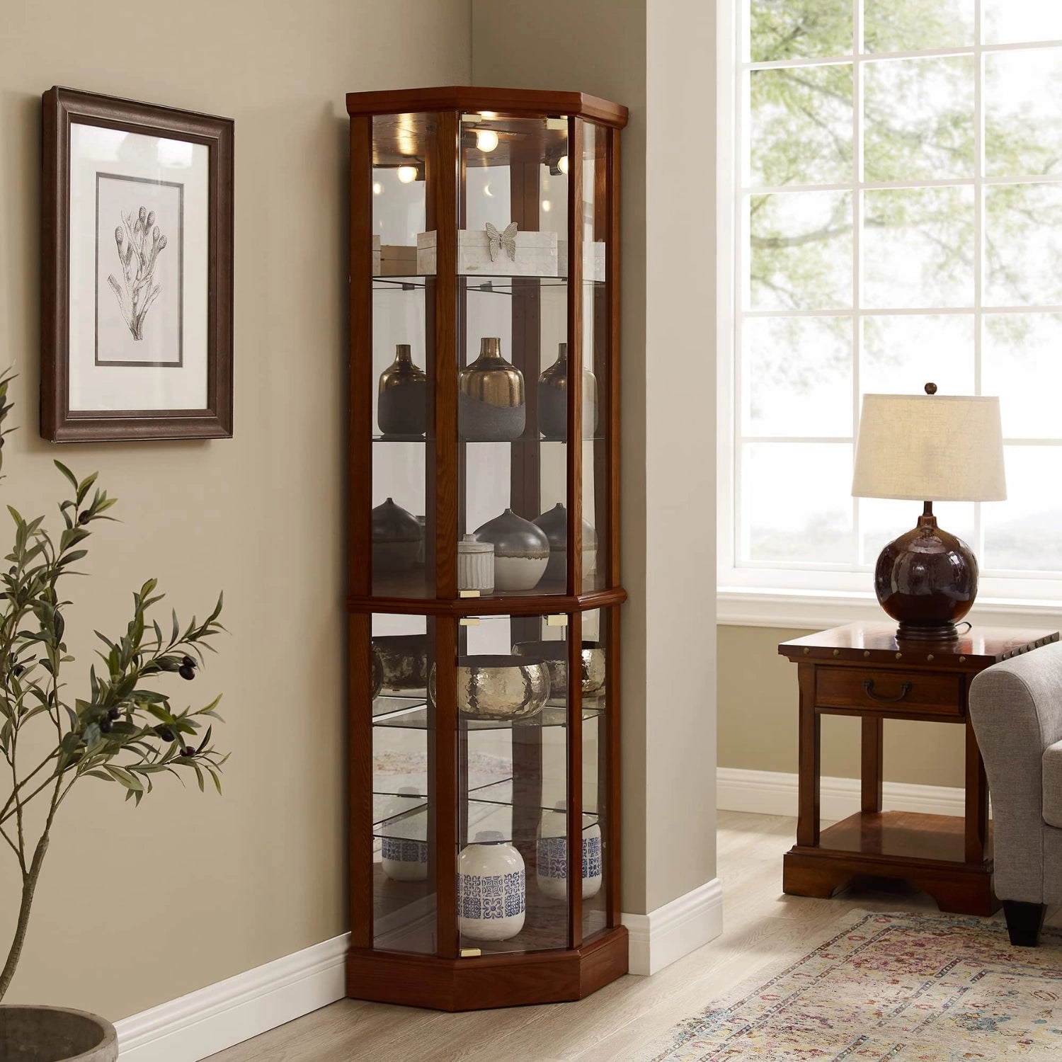 Tall Corner Curio Cabinet with Glass Doors, Adjustable Shelves & Inter ...