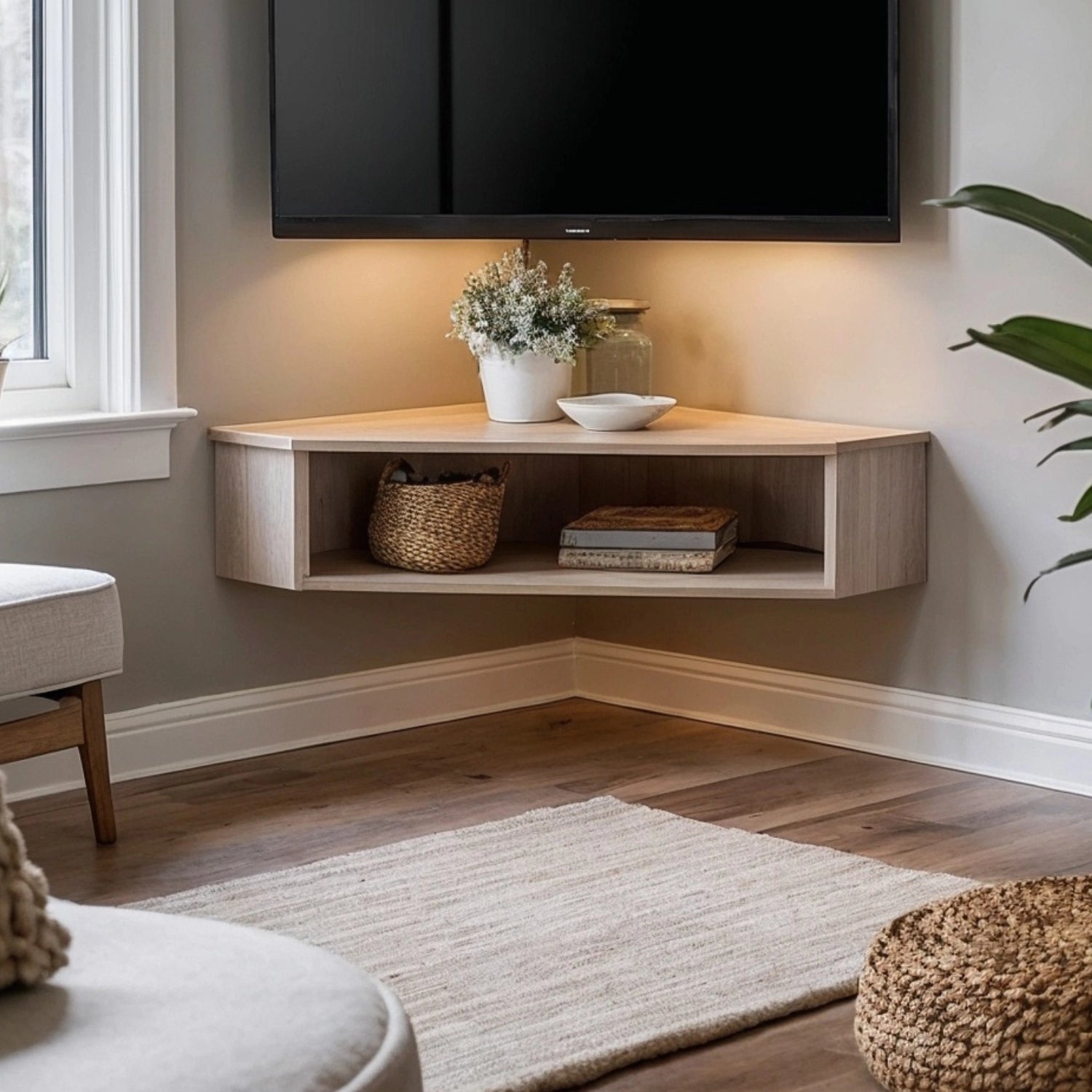 CharmyDecor White Oak Floating Corner TV Stand – Wall-Mounted Space-Sa