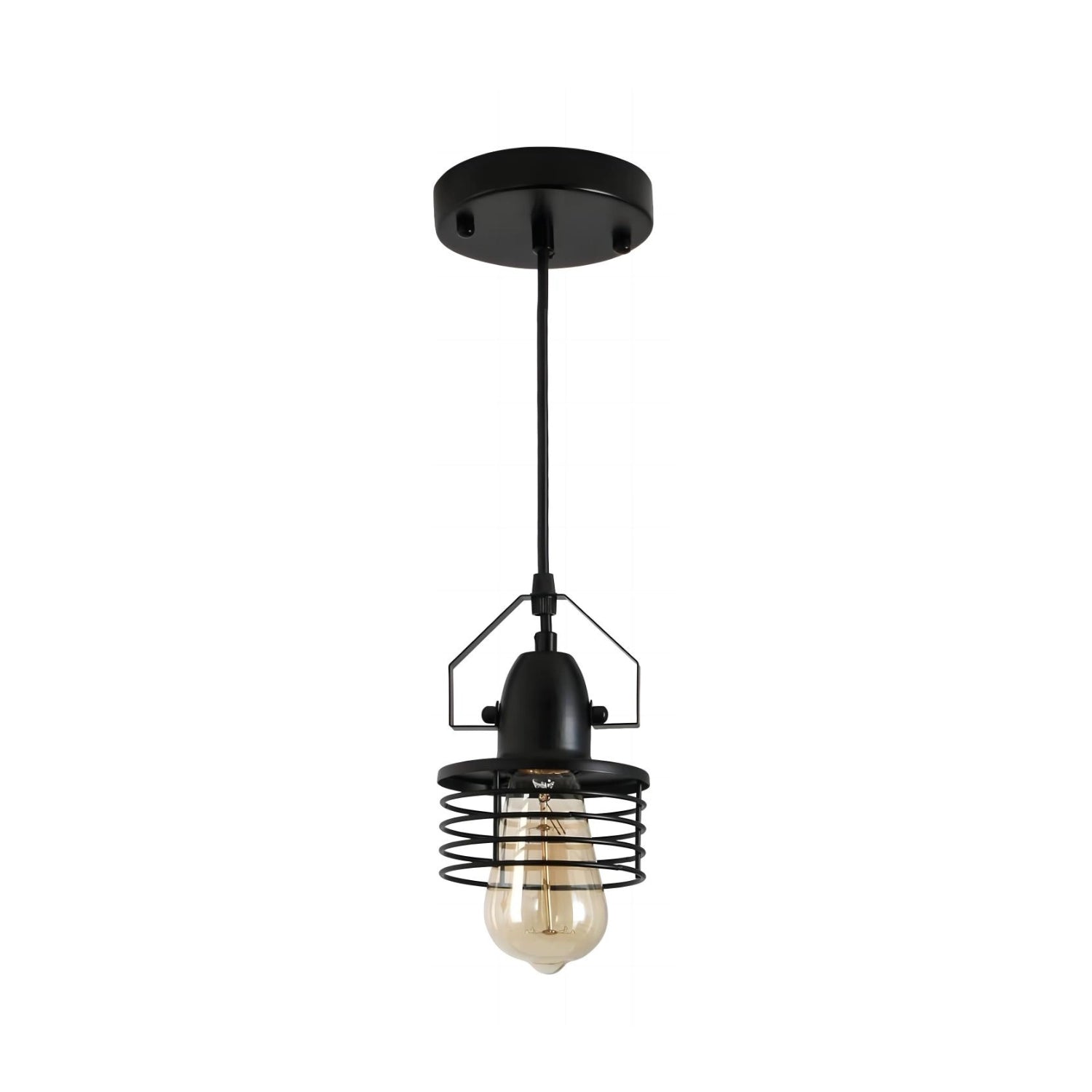Industrial Pendant Light with Metal Cage Shade – Matte Black Vintage H ...
