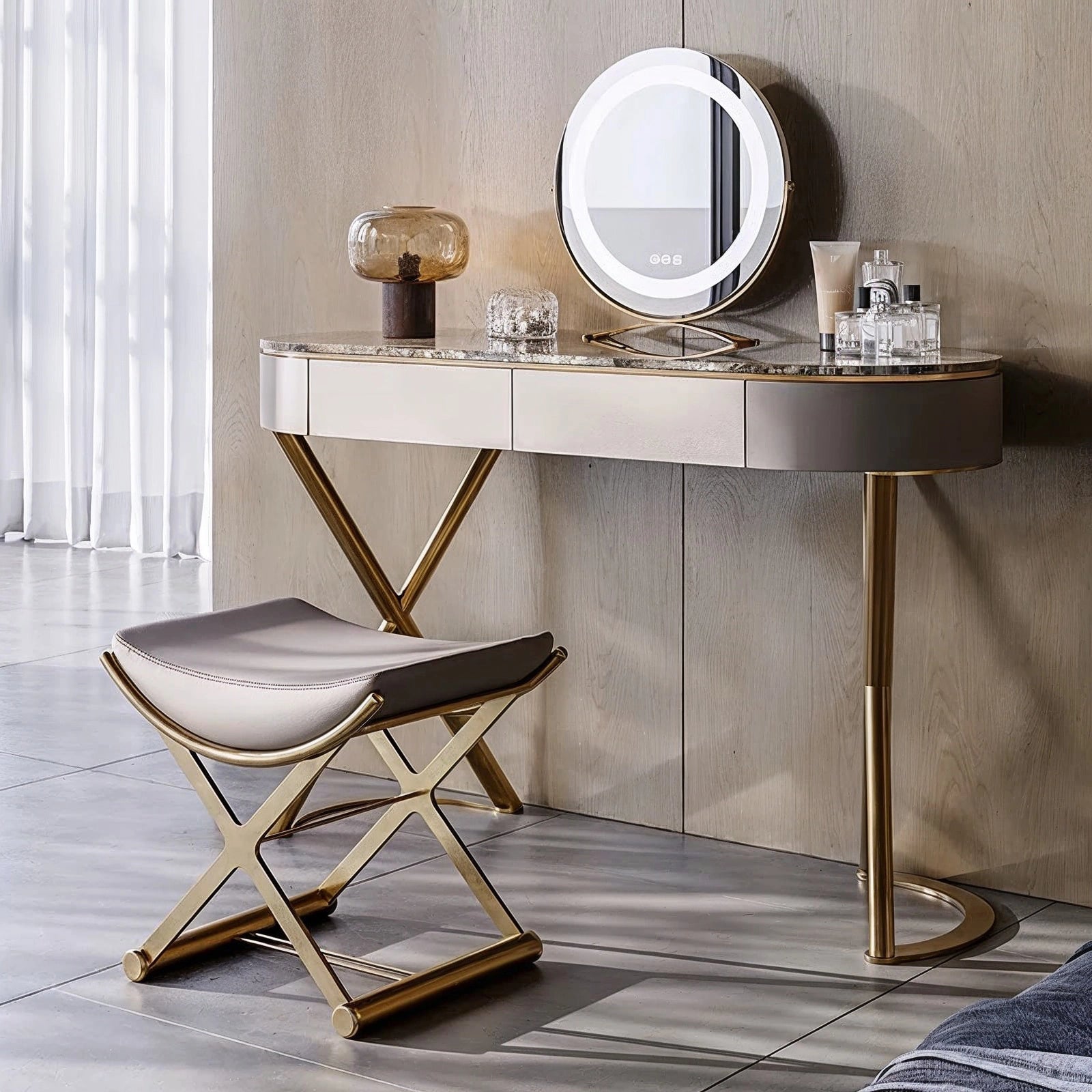 Elegant Vanity Table Set with LED Mirror - Cream Finish – CharmyDecor