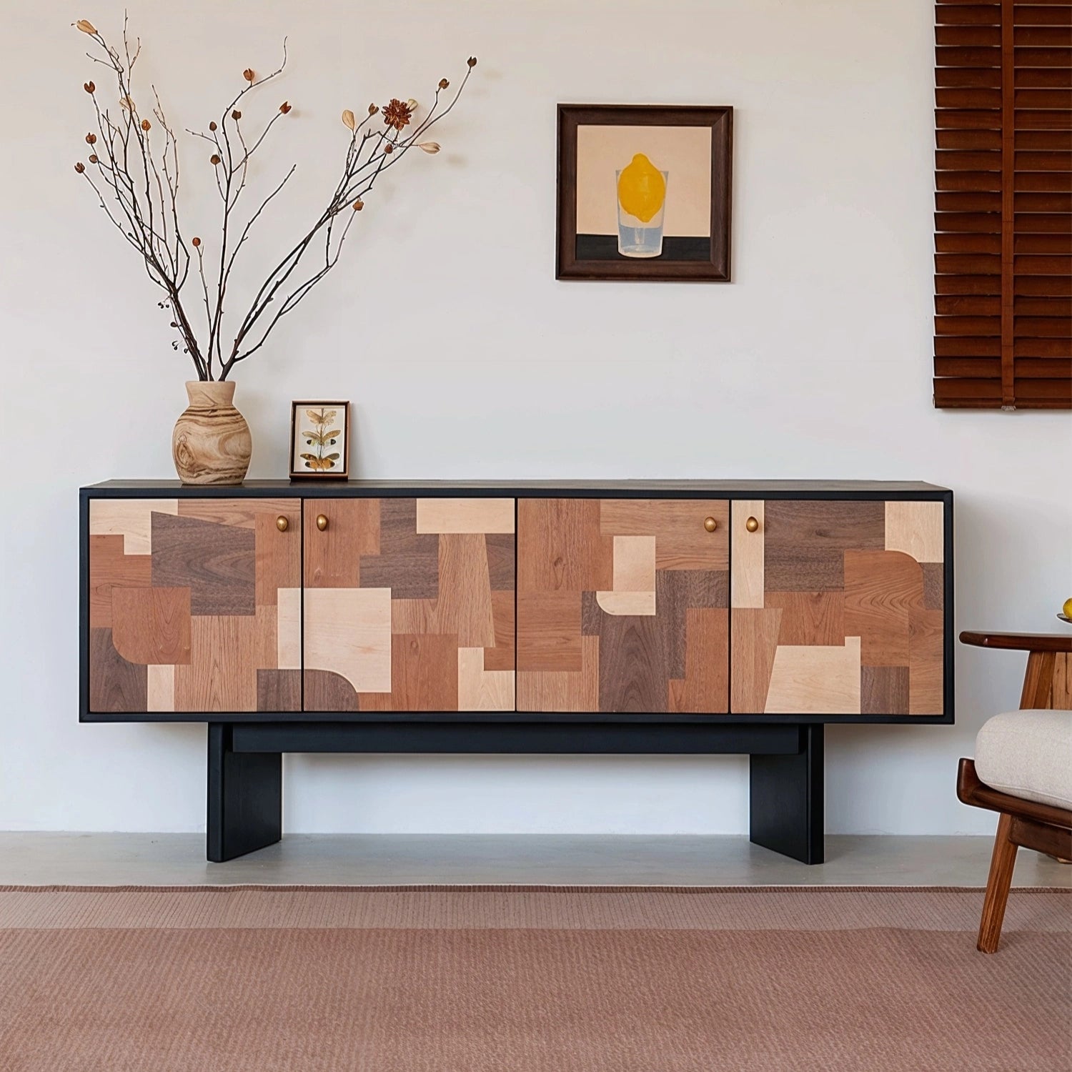 Patchwork Wood Sideboard with Brass Knobs – Walnut, Cherry & Oak Doors ...