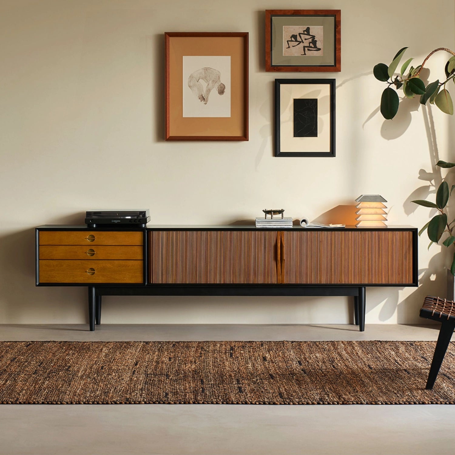 Retro Walnut & Black Frame Mid Century Modern Solid Wood TV Stand with ...