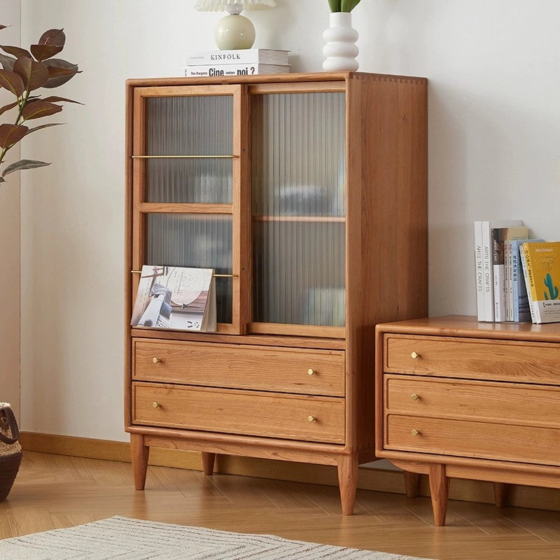 Solid Cherry Wood Display Cabinet with Ribbed Glass Sliding Doors, Adj ...