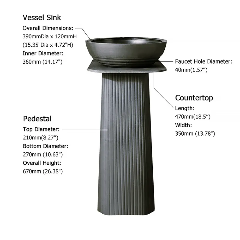 Gray Pedestal Vessel Sink for Bathrooms - No Faucet/Drain – CharmyDecor