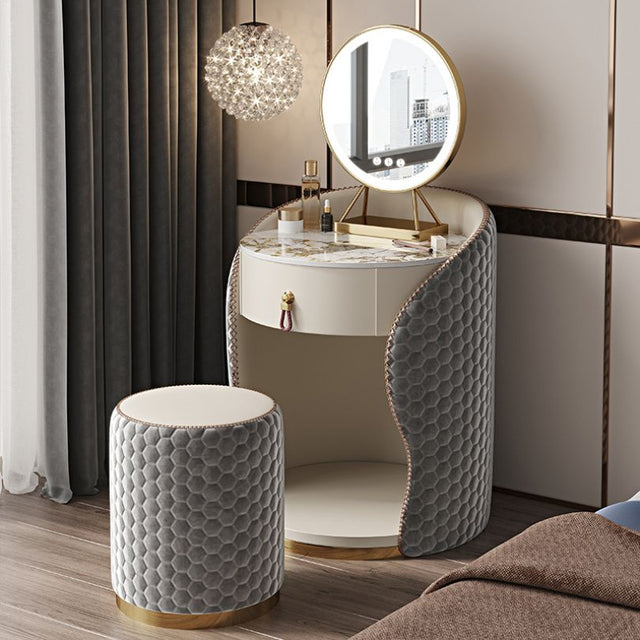 Modern Round Vanity Set with Lighted Mirror & Stool – CharmyDecor