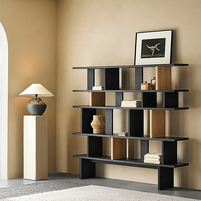 Japanese Black Oak Geometric Bookshelf - Modern Design – CharmyDecor
