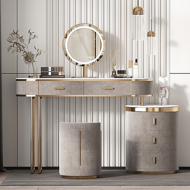 Gray Marble Makeup Vanity Set with Storage & Stool – CharmyDecor
