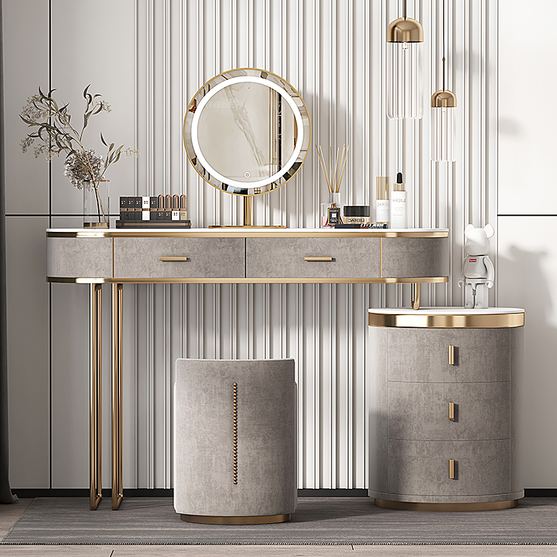 Gray Marble Makeup Vanity Set with Storage & Stool – CharmyDecor